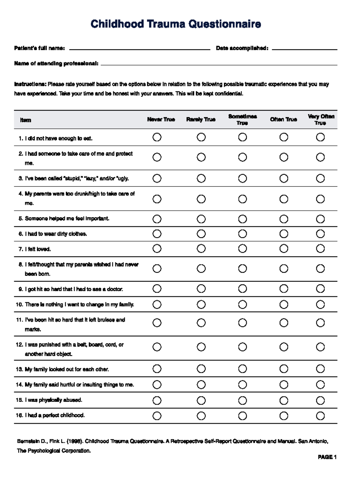 Childhood Trauma Questionnaire (CTQ) - Assessment Tool & Instructions ...