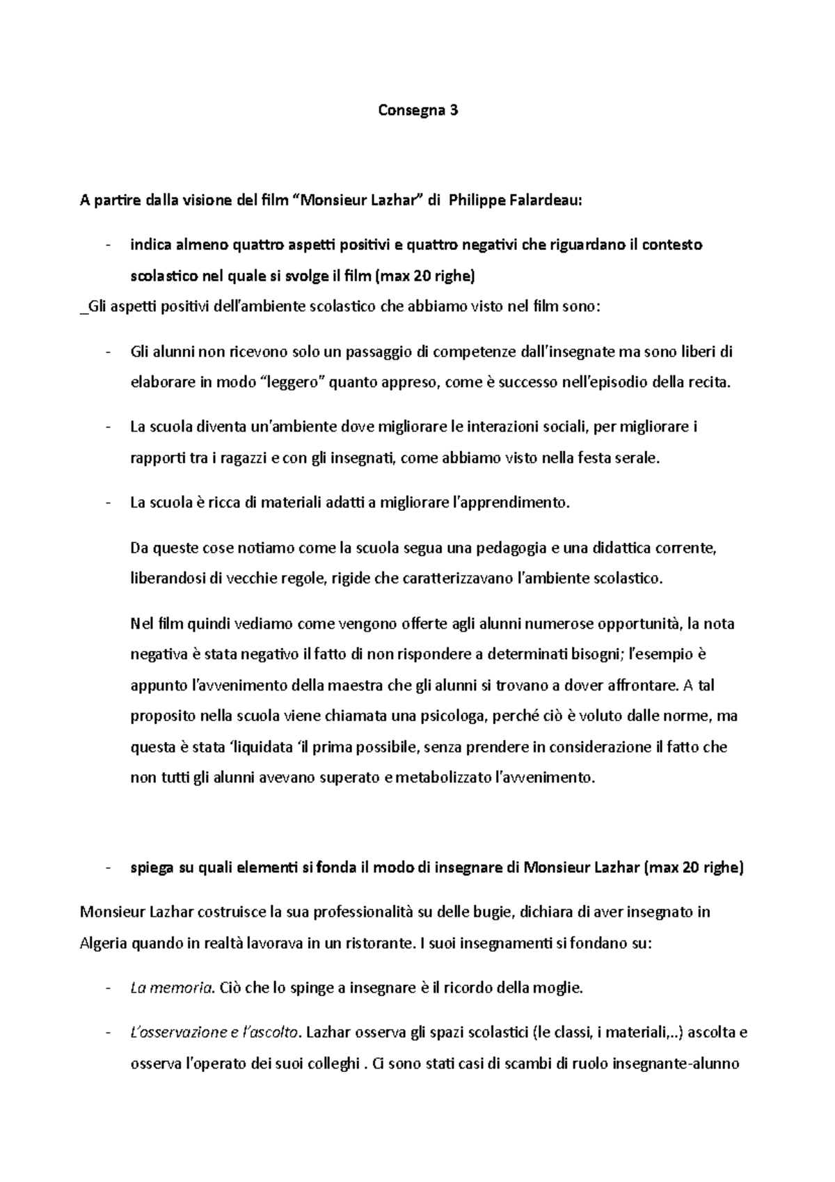 3 - Scheda Film Monsieur Lazhar - Consegna 3 A partire dalla visione ...