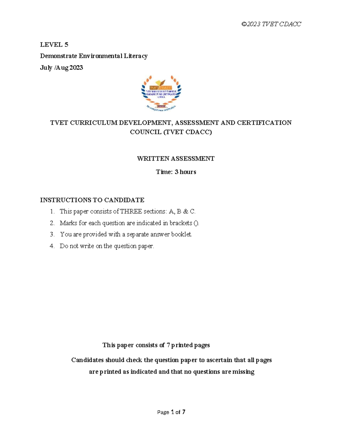 Demonstrate Environmental Literacy - Level 5 July/Aug 2023 Past Exam ...