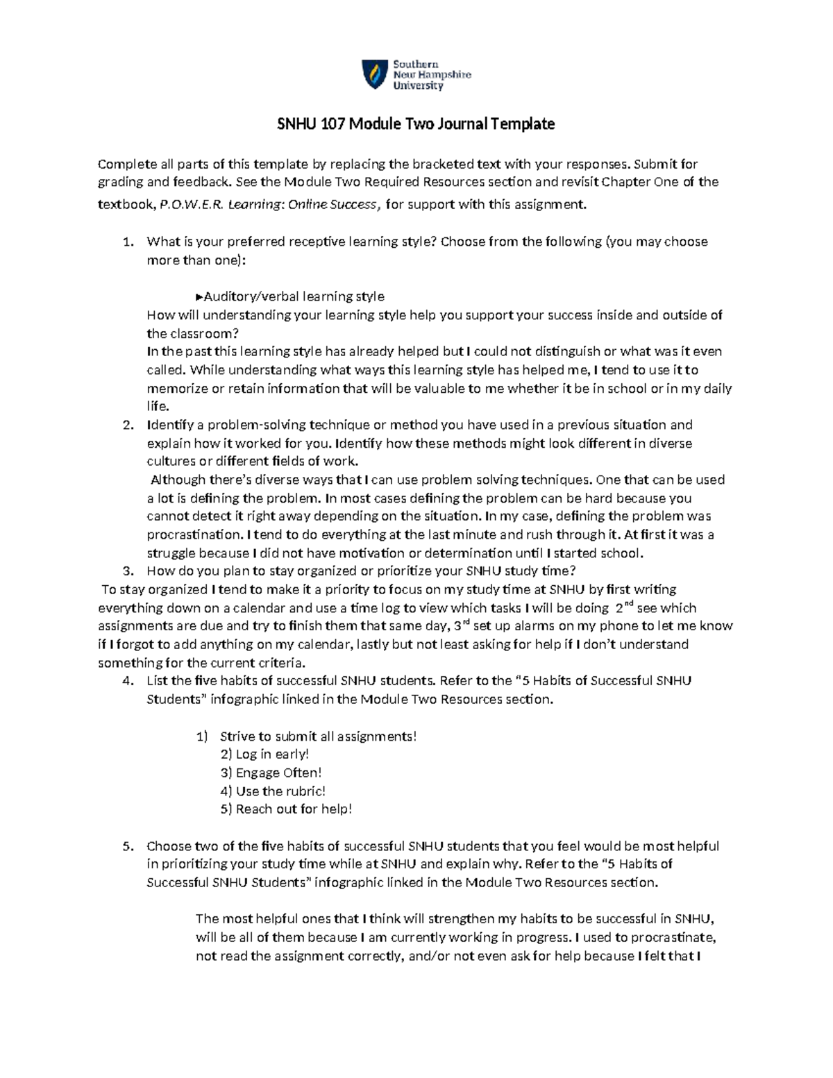 SNHU 107 Module Two Journal: Learning Styles and Success Strategies ...