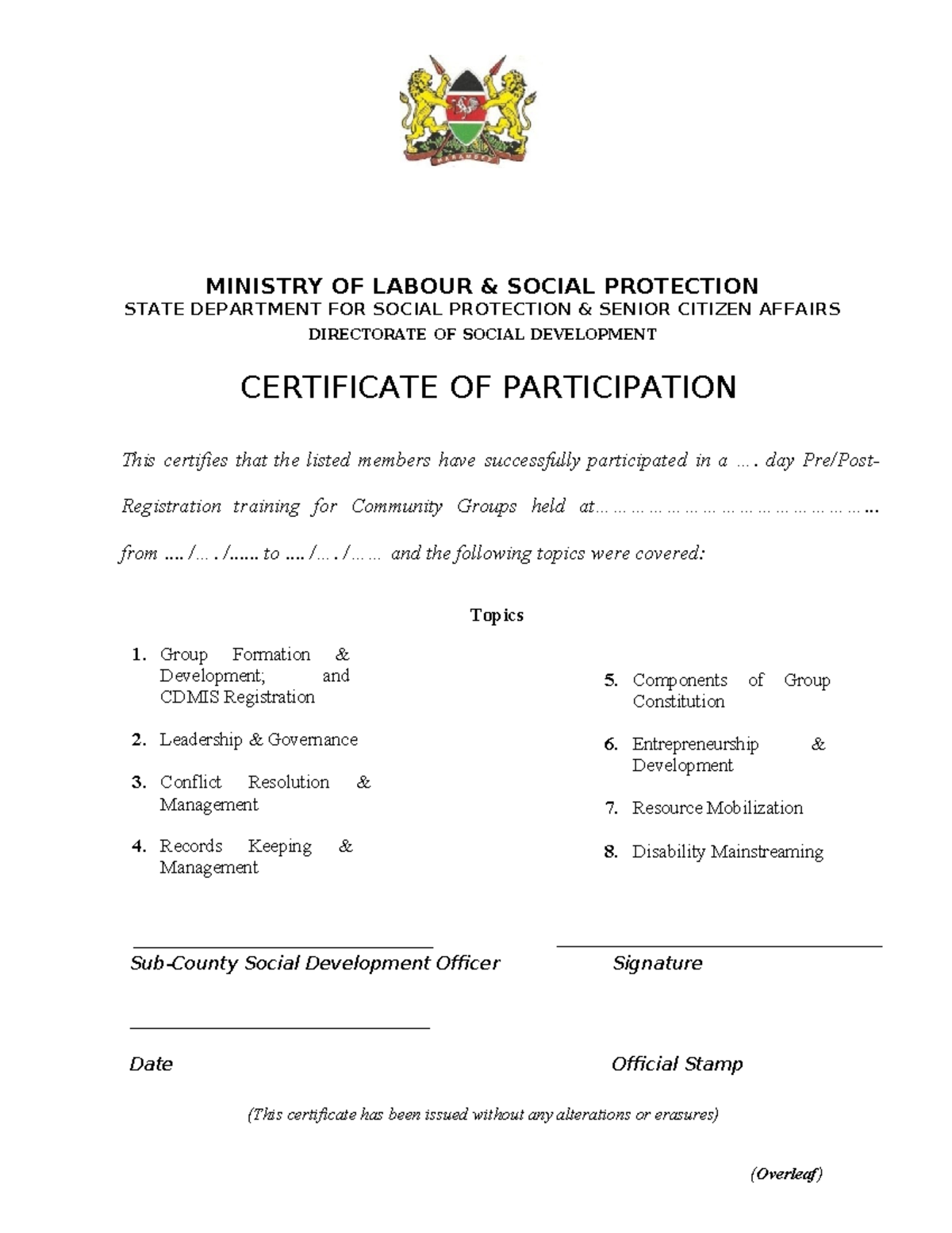 Updated Certificate of Participation for Community Groups - MINISTRY OF ...