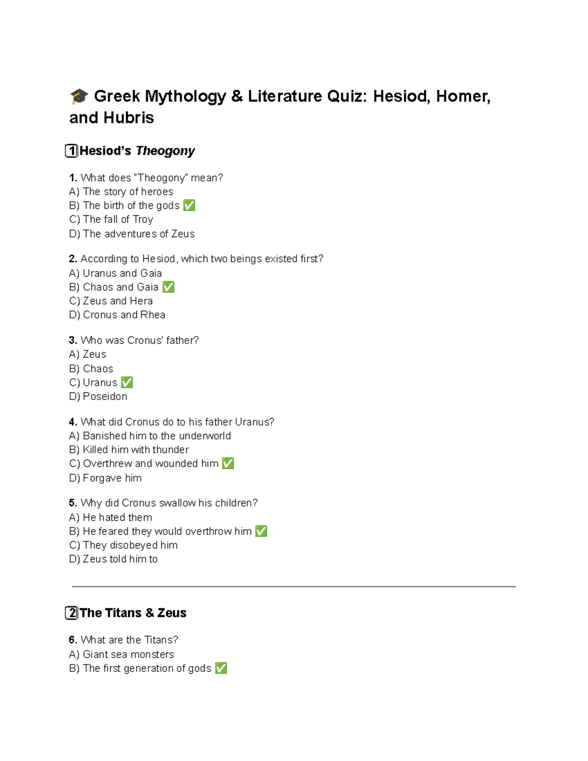 Greek Mythology & Lit Quiz: Hesiod, Homer, Hubris - Studocu