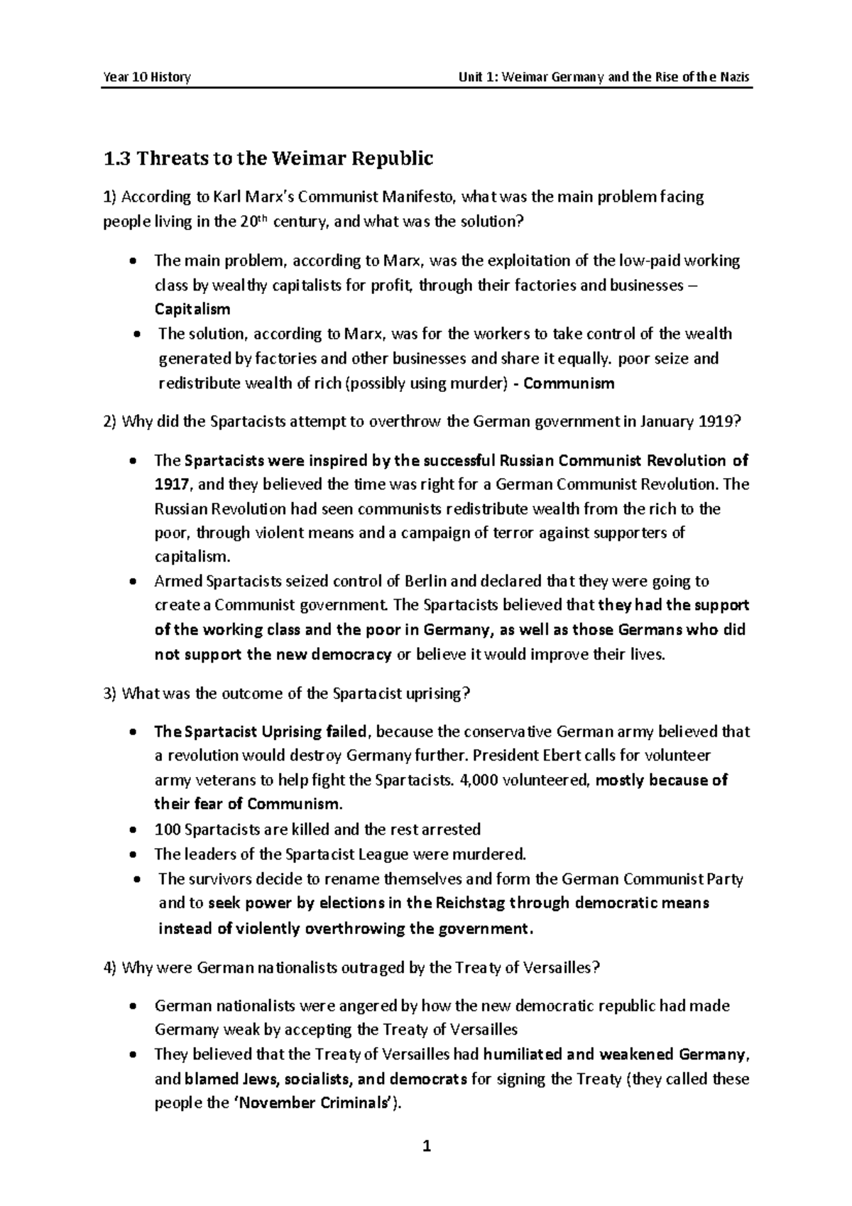 Year 10 History Unit 1: Threats to the Weimar Republic Notes - Studocu