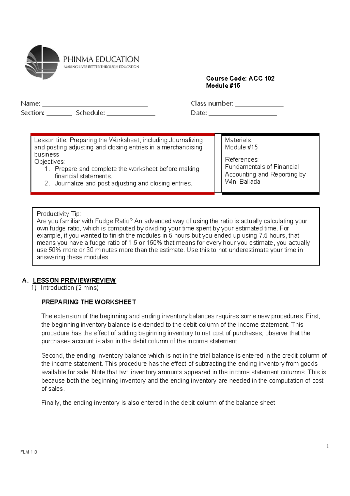 ACC 102 Lesson 15: Preparing Worksheets and Adjusting Entries - Studocu