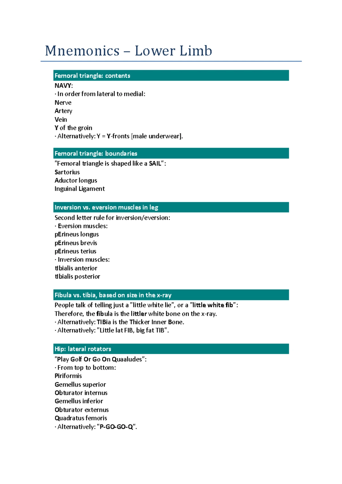 Mnemonics - Lower Limb - Mnemonics – Lower Limb Femoral triangle ...