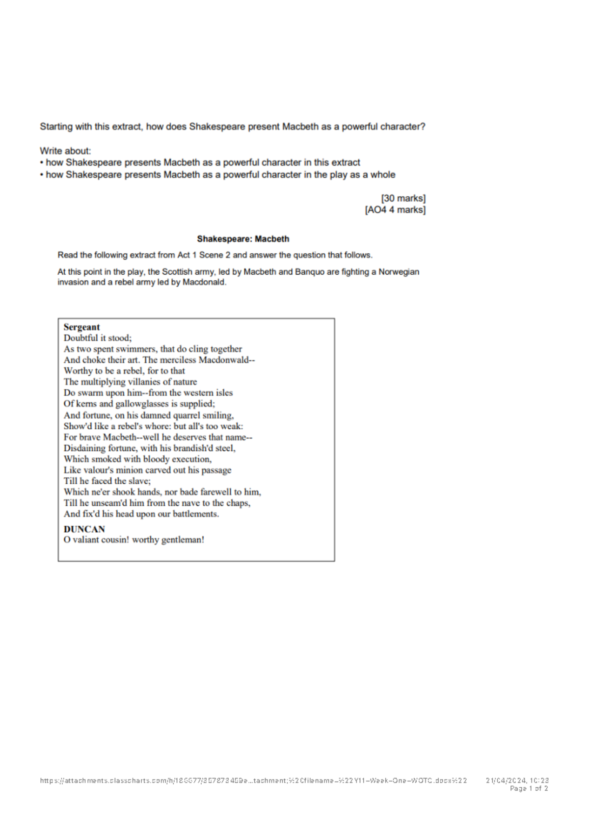Year 11 Macbeth Past Paper Questions Guide - Studocu