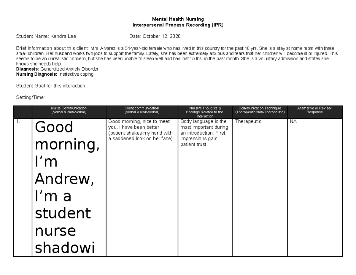 Interpersonal Process Recording Nursing
