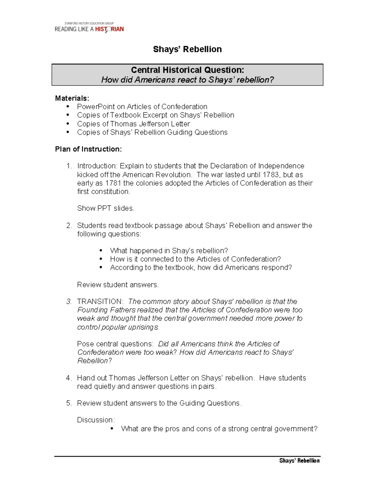 Shays Rebellion Lesson Plan1 - Shays’ Rebellion Central Historical ...
