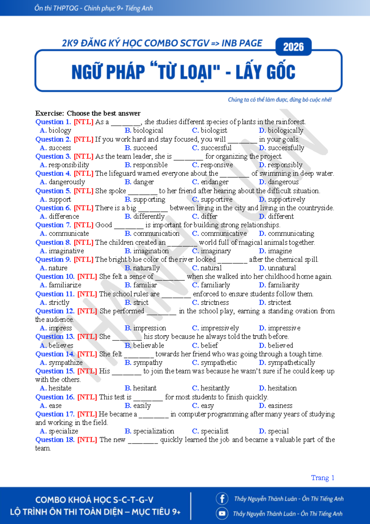 Exercise: Choose the Best Answer for Vocabulary (P1) - Luyện Tập - Studocu