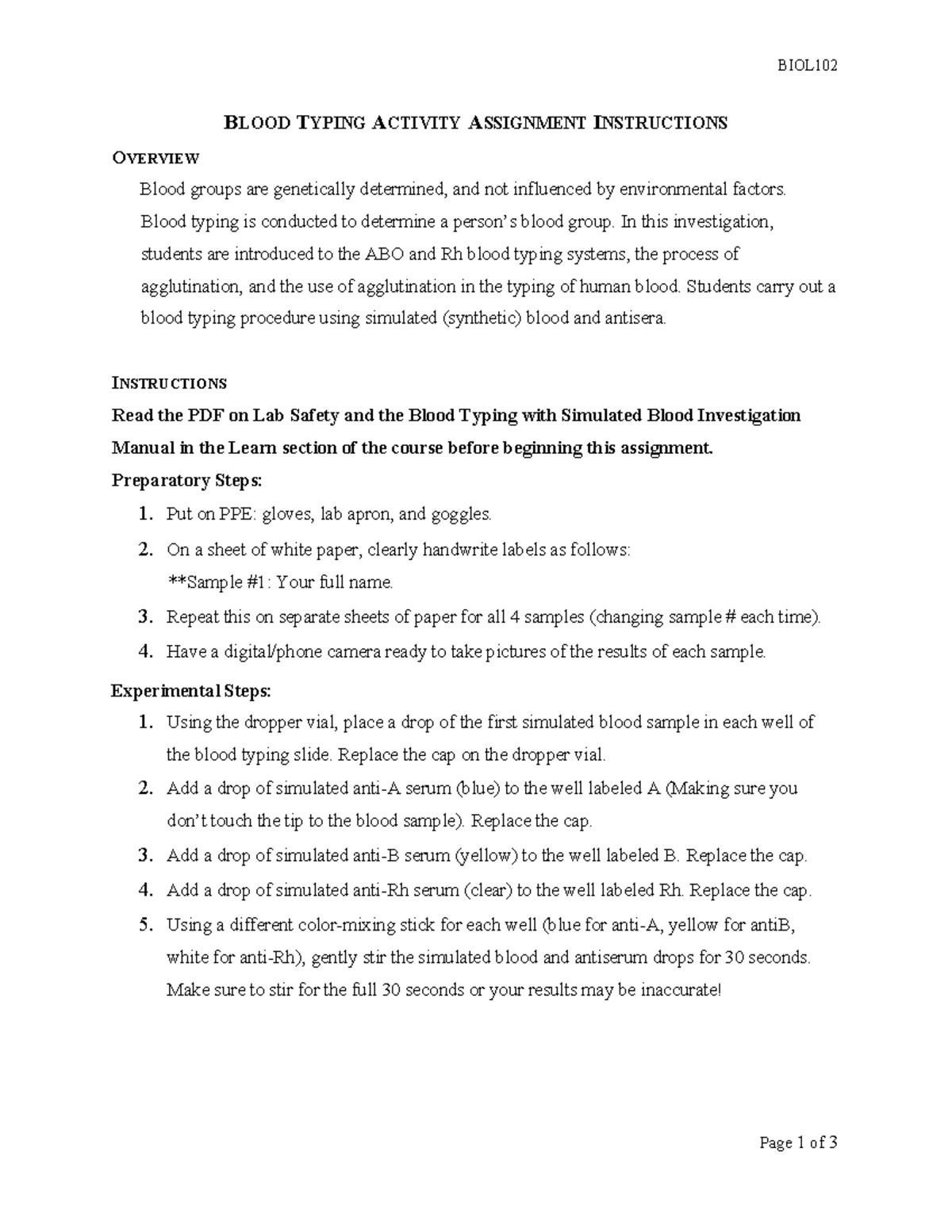 BIOL102 Blood Typing Activity Assignment Instructions & Overview - Studocu