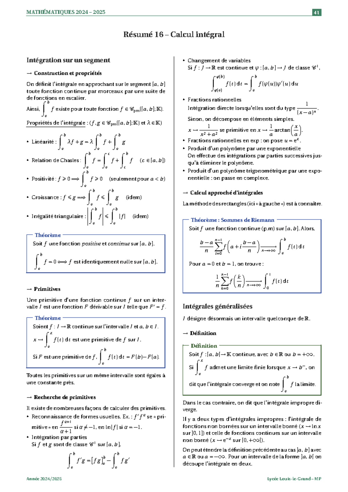 Résumé 16 – Intégration et Propriétés du Calcul Intégral (MATH2024-2025 ...