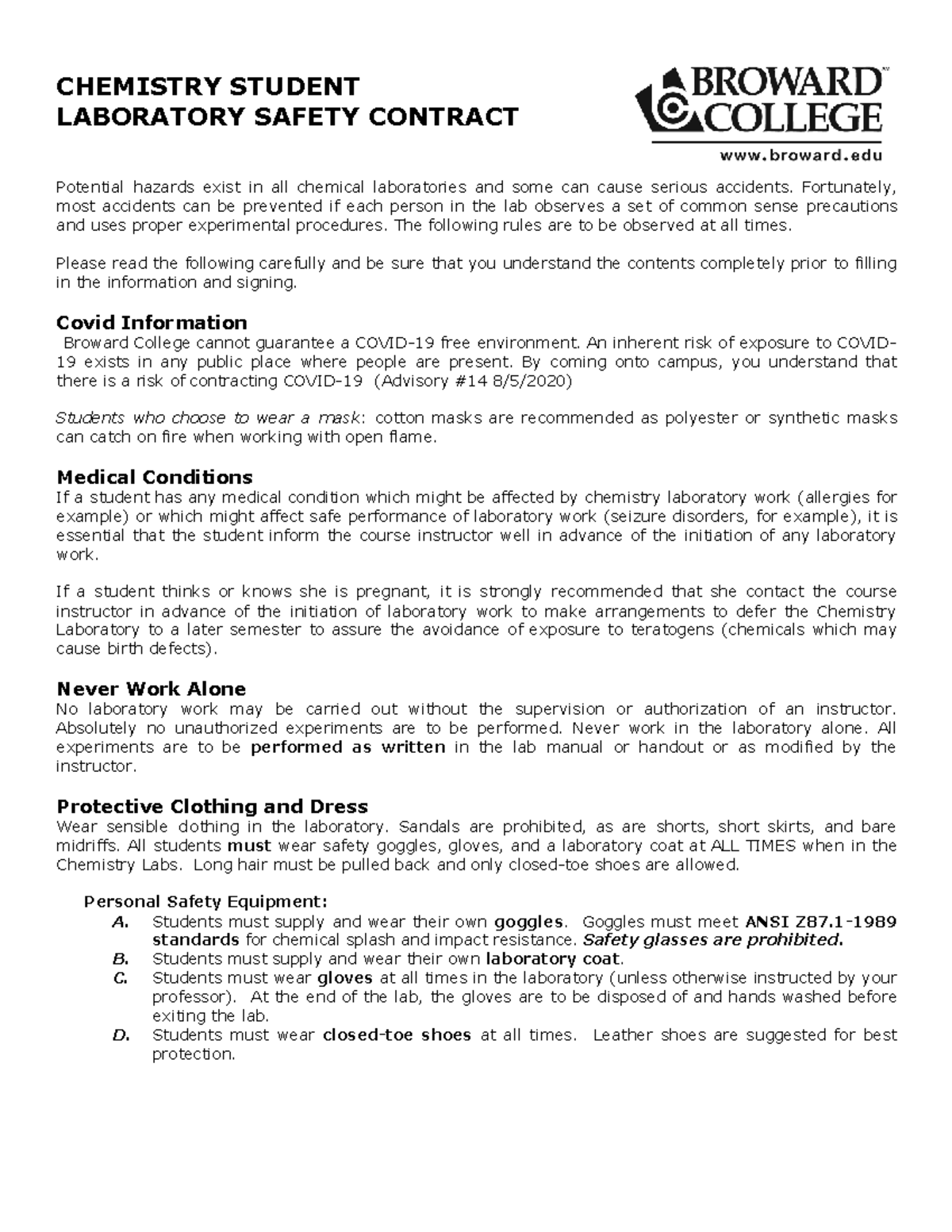 Chemistry Lab Safety Contract Guidelines (CHEM 101) - Studocu