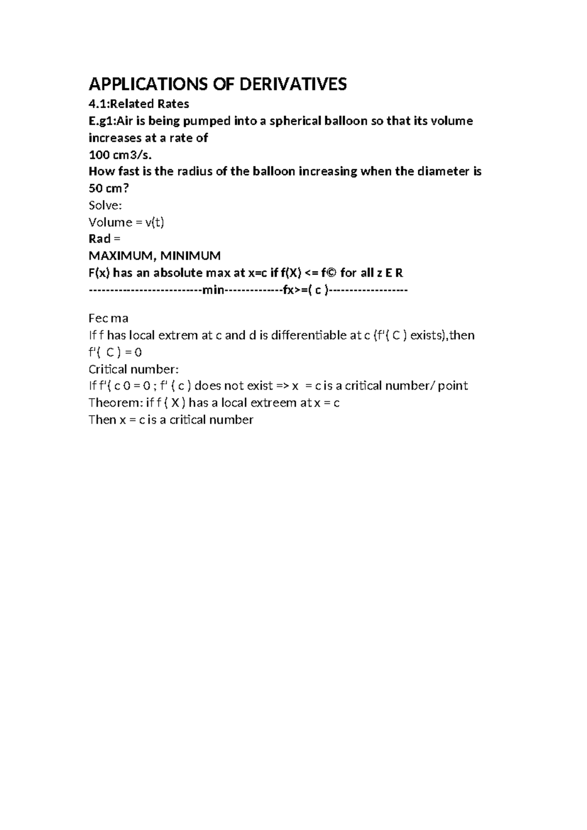 Applications of Derivatives: Related Rates & Extrema Concepts - Studocu