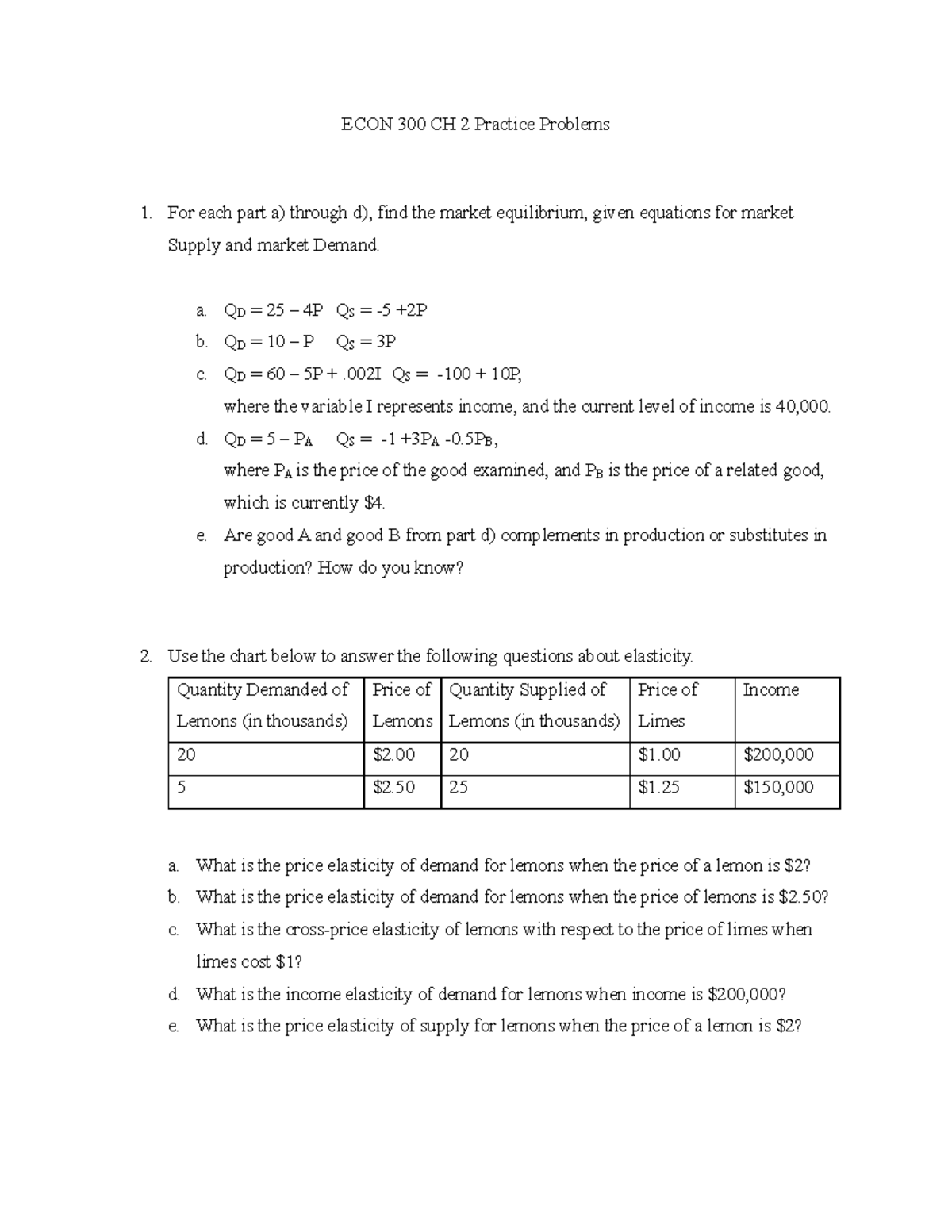ECON 300 CH 2 Updated Practice Problems on Market Equilibrium - Studocu