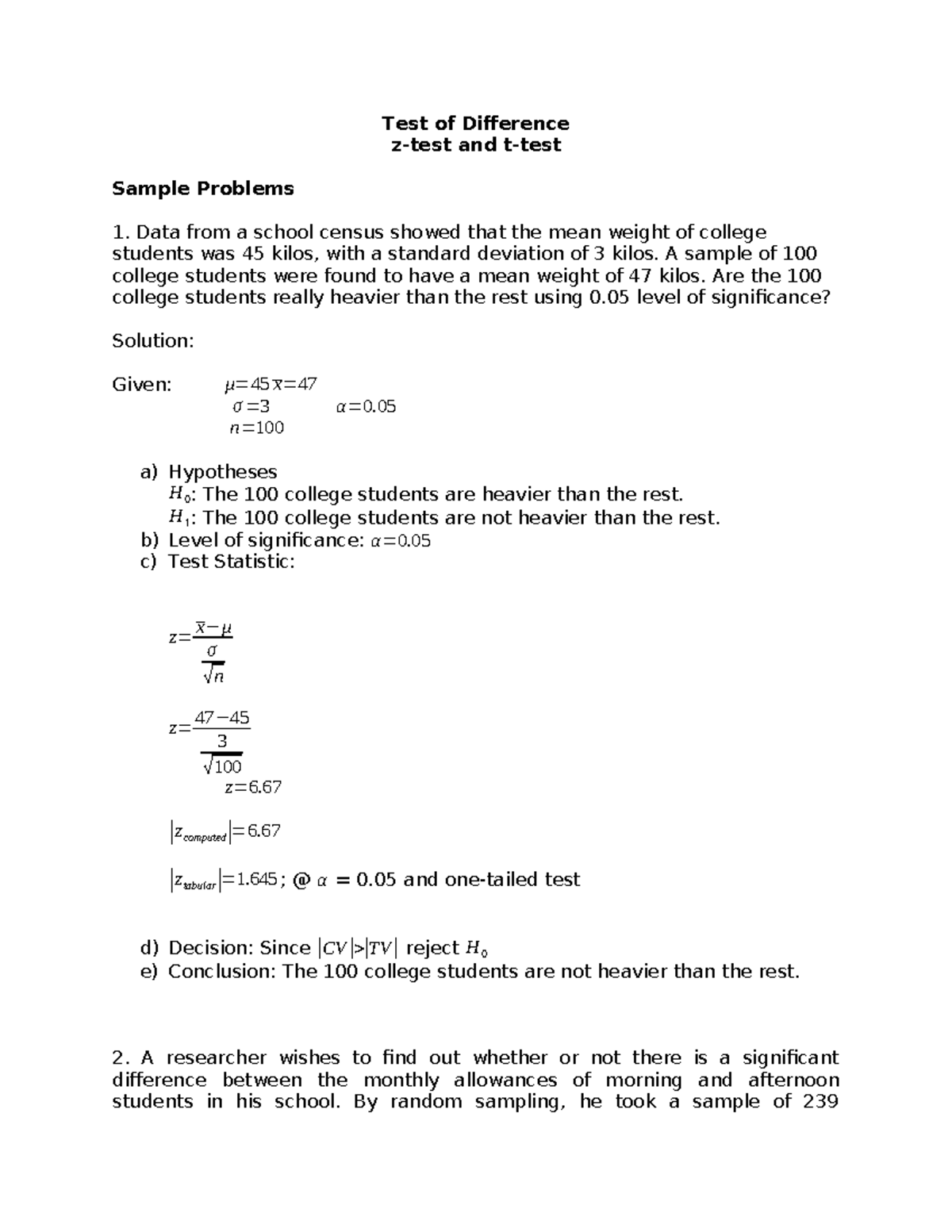 Z-Test and T-Test Solutions: Analysis of Sample Data - Studocu