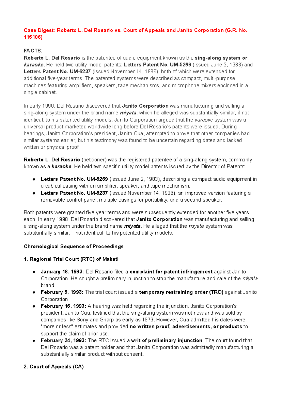 Case Digest: G.R. No. 115106 - Del Rosario vs. Janito Corp. Analysis ...