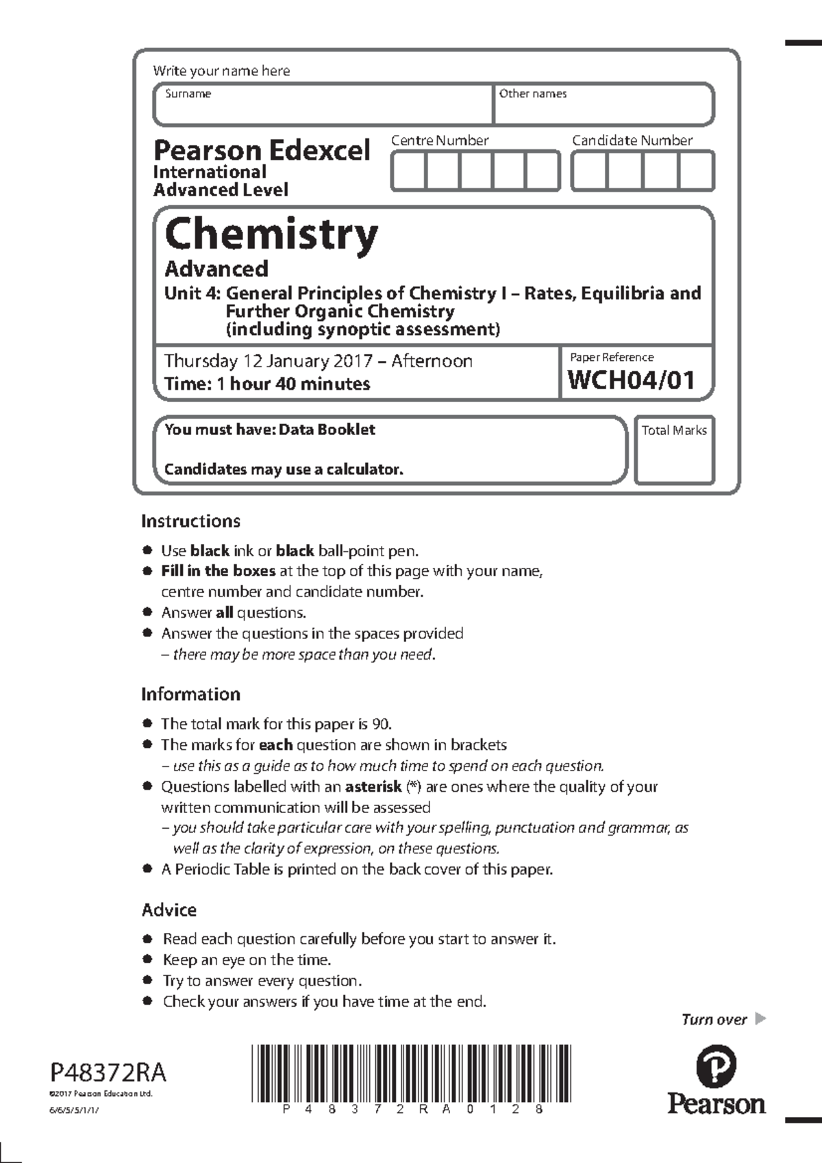 QP 2017 01 Chemistry U4 Final Exam Edexcel A Level Questions - Studocu