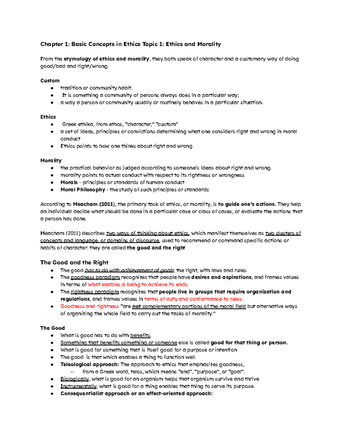 Ethics 1: Basic Concepts in Ethics and Morality Notes - Studocu