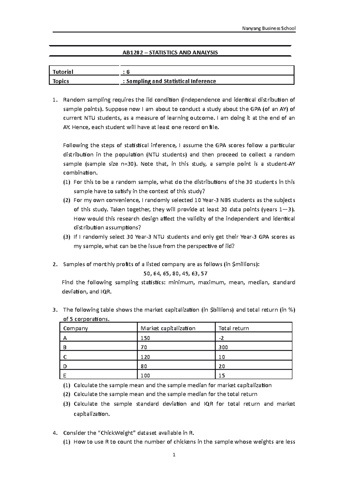 AB1202 – Week 6 Tutorial: Sampling & Statistical Inference Questions ...