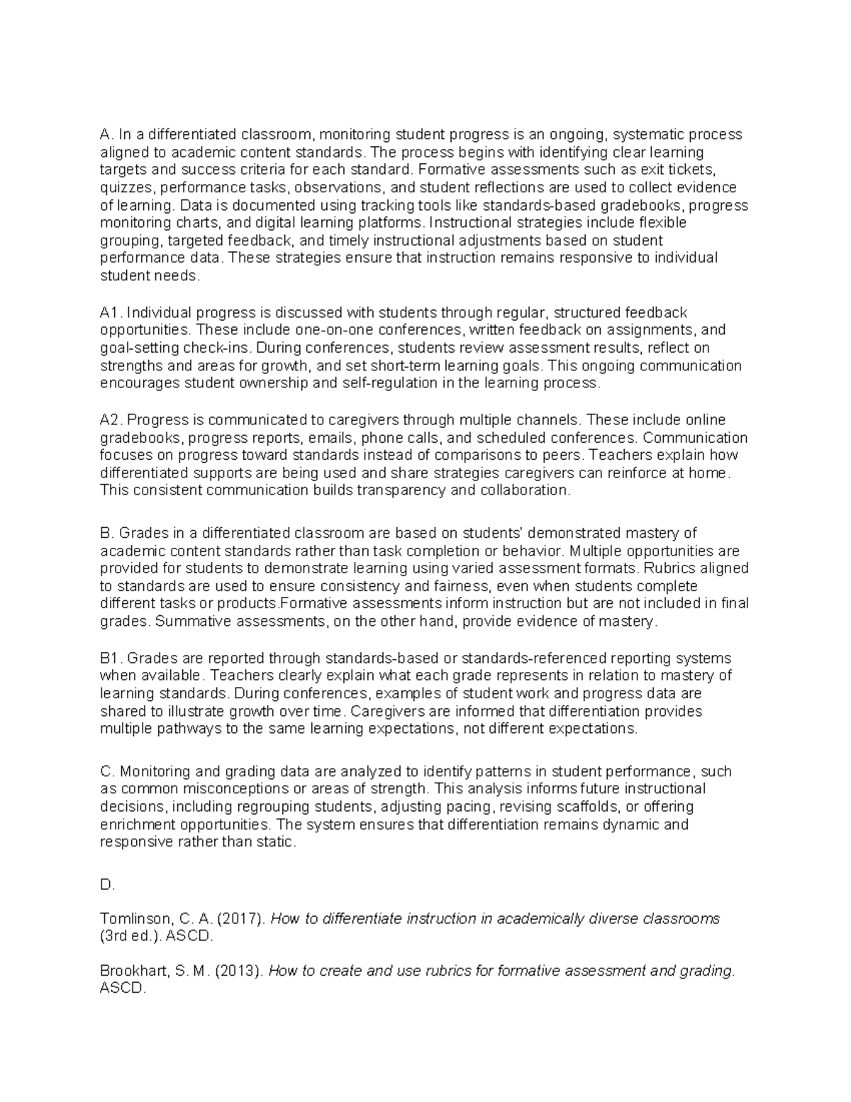 D187 Task 4 - Assessment Strategies in Differentiated Classrooms - Studocu