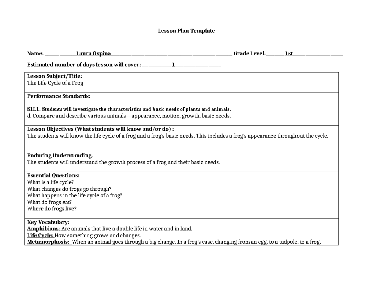 Life Cycle of a Frog Lesson Plan for 1st Grade (S1L1) - Studocu