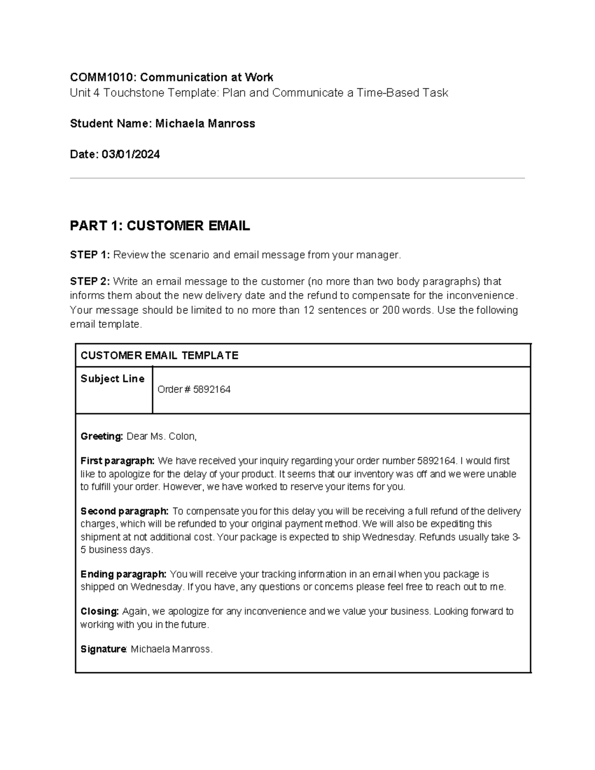 Communication at Work - COMM1010 Touchstone 4: Email & Task Plan - Studocu