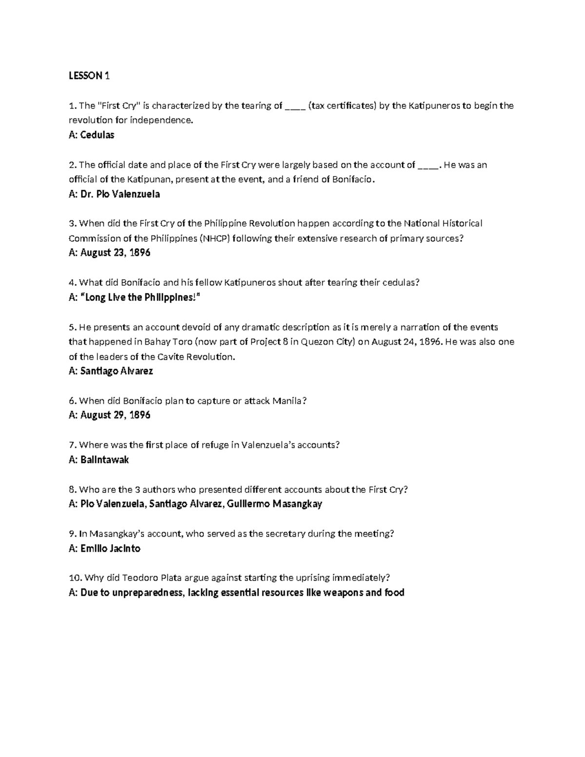 Quizzes on Philippine History: Key Events and Figures - Studocu