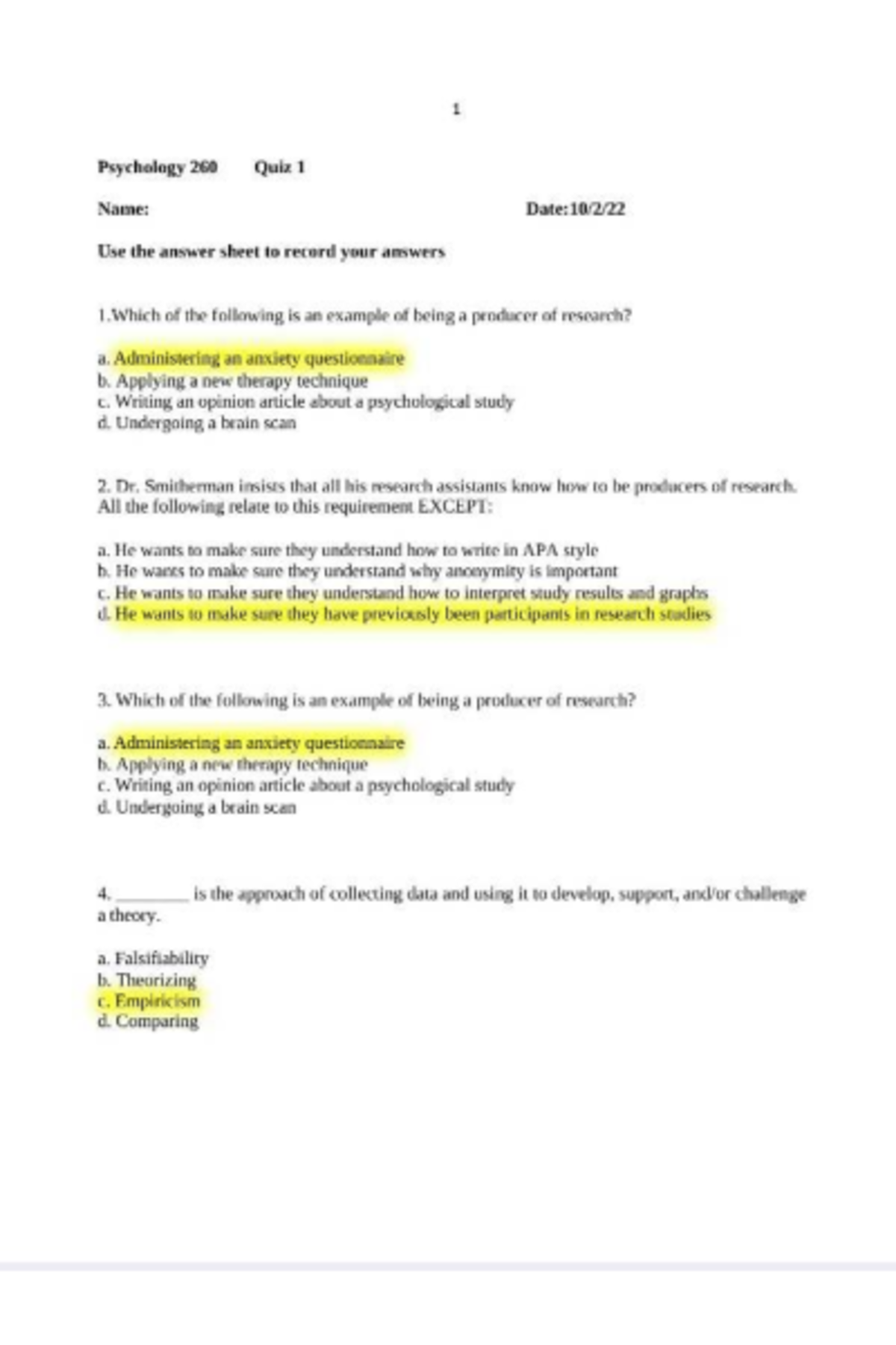 Psychology 260 Quiz 1: Research Producers and Methodologies - Studocu