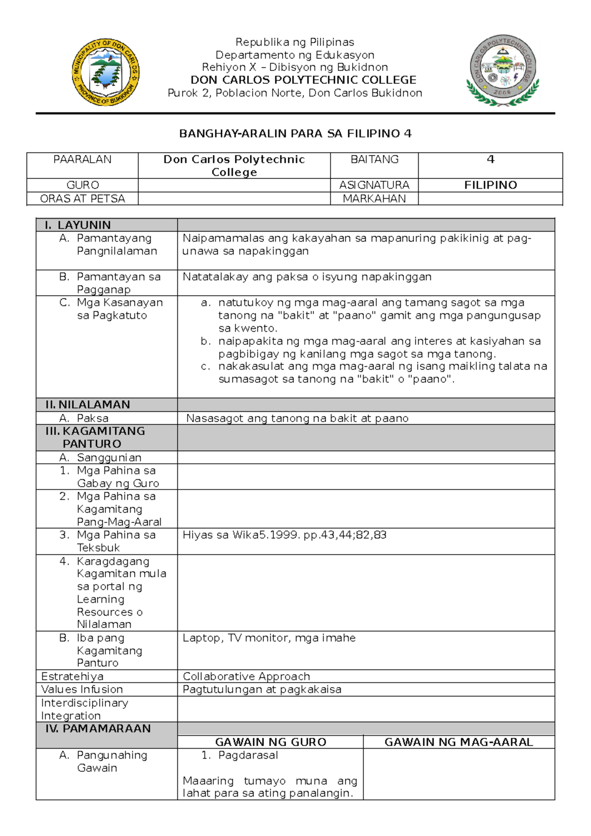 DLP FIL 4 - Banghay-Aralin sa Pagtuturo ng Filipino 4 - Studocu