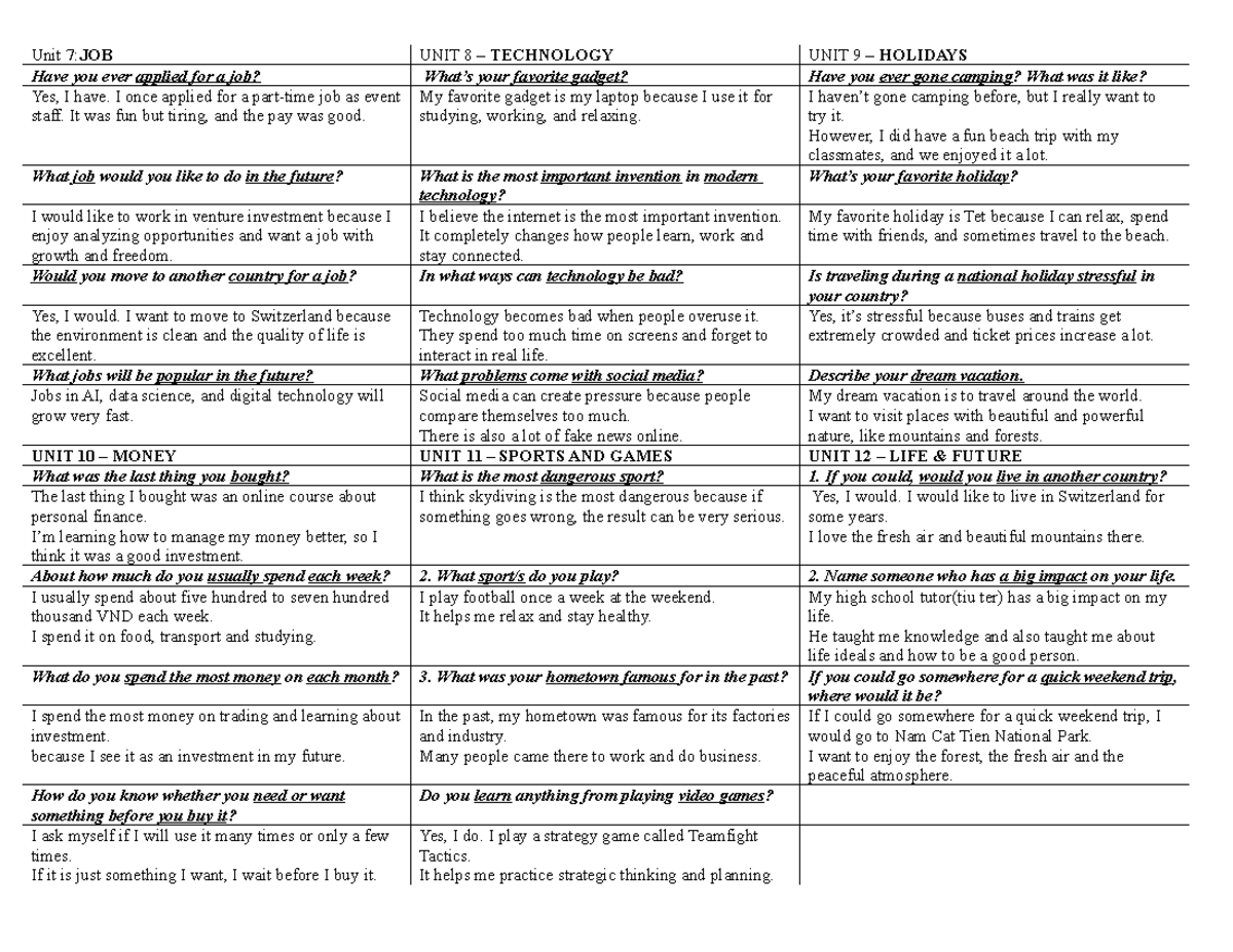 Unit 7: Job Applications, Technology, Money, Sports & Future Plans ...