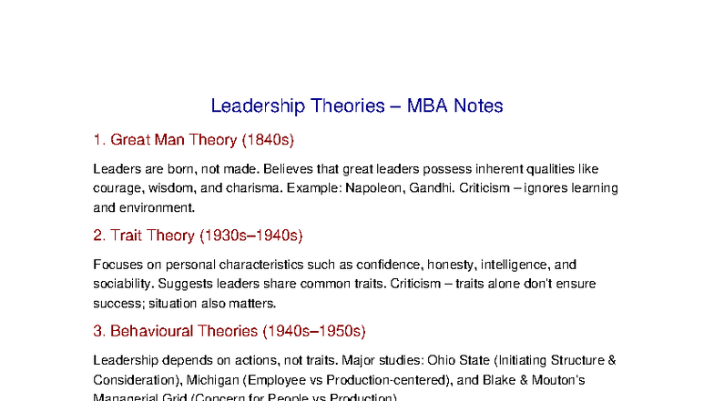 Leadership Theories Overview: MBA Notes on Key Concepts - Studocu