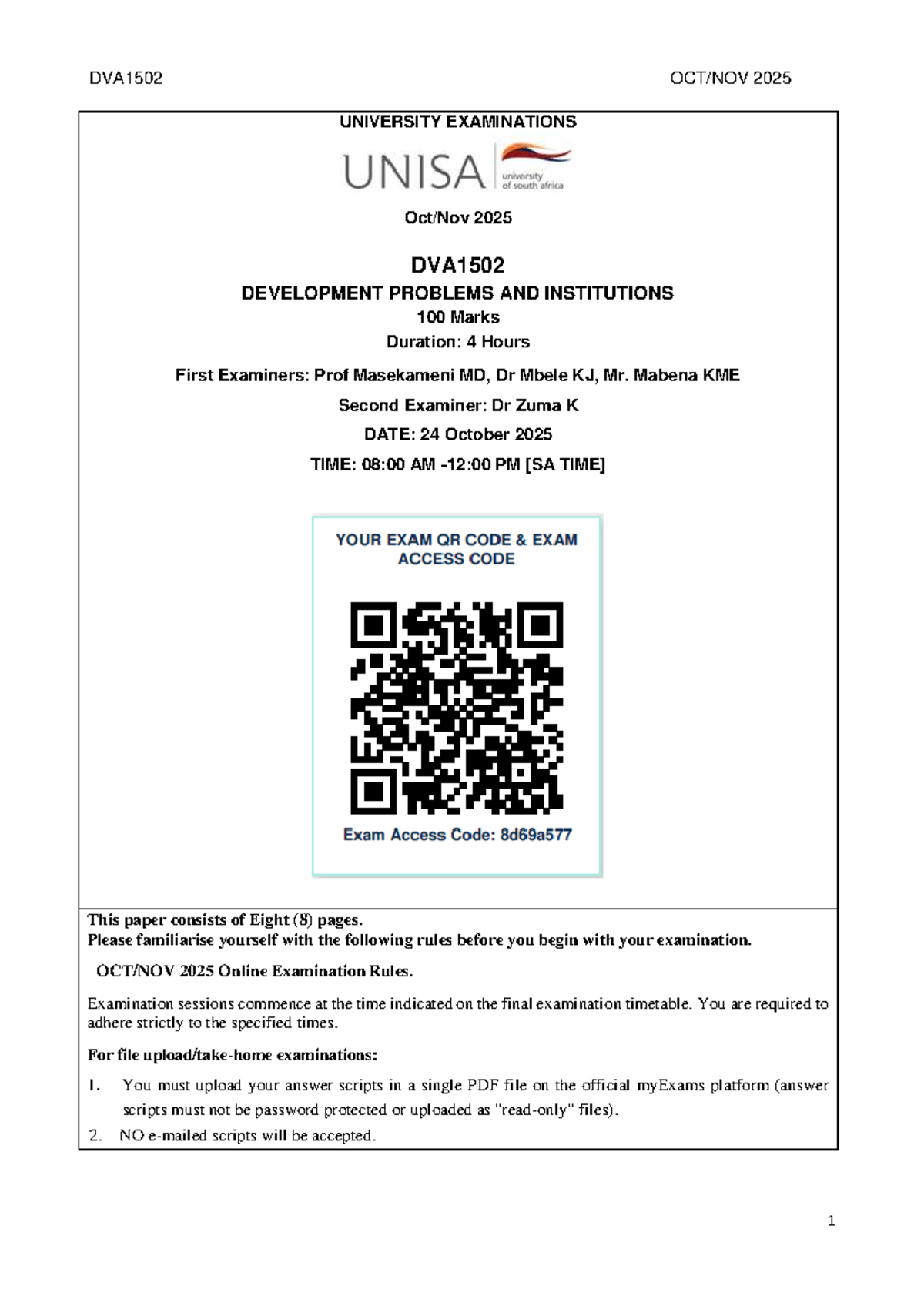 DVA1502 2025 Final Exam: Development Problems & Institutions Guide ...