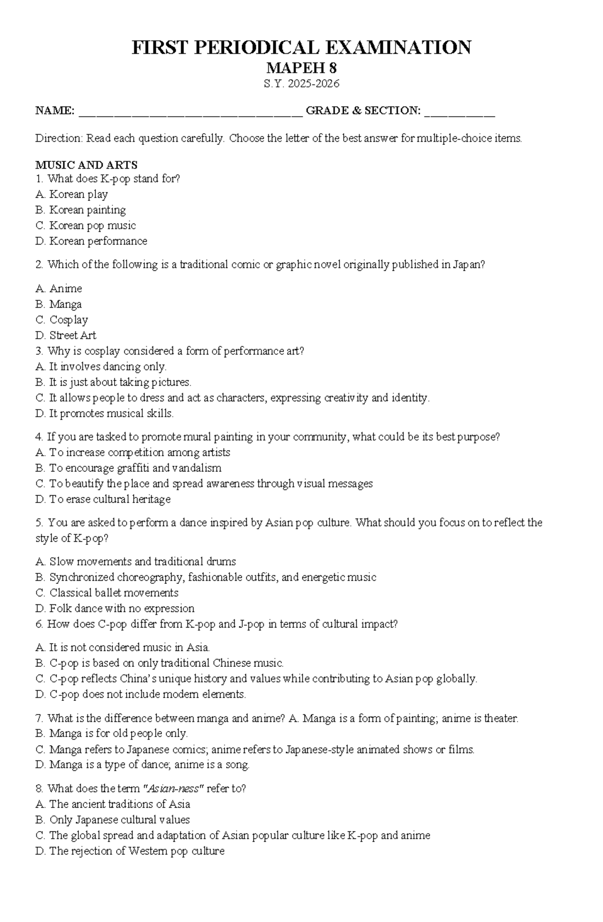 Mapeh 8: First Periodical Exam with Answer Key and Guidelines - Studocu