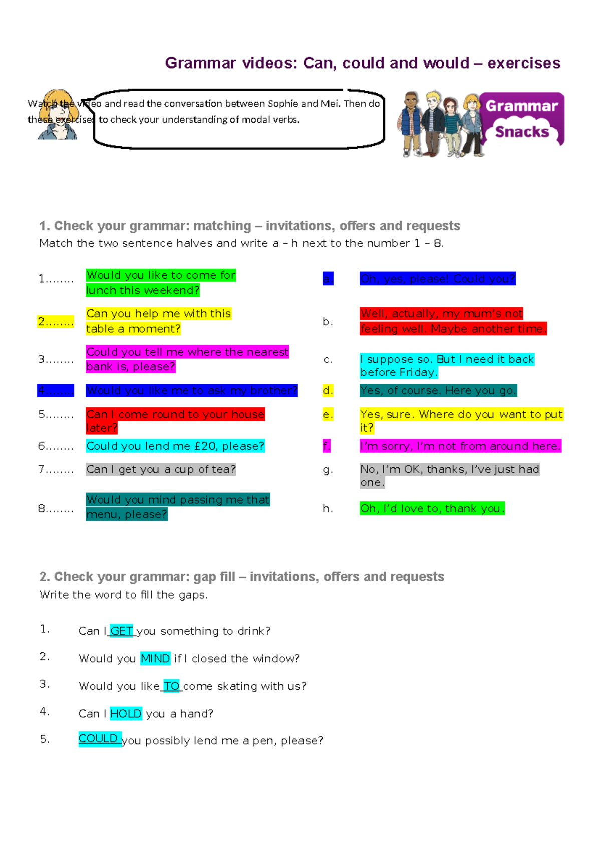 Grammar Exercises on Modal Verbs: Can, Could, and Would - Studocu