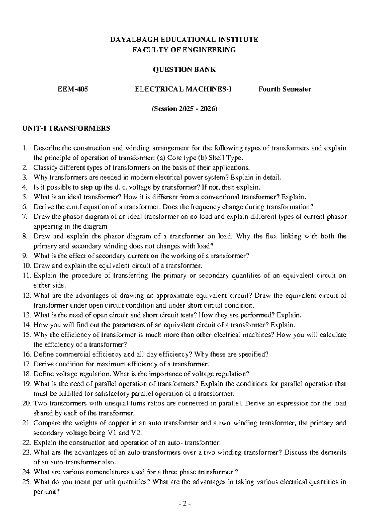 QB EEM405 2025-26 - Electrical Transformers & DC Machines Question Bank ...