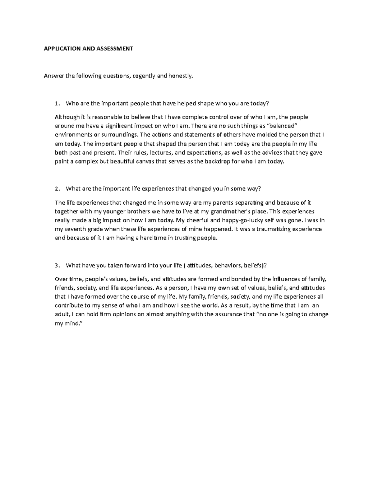 Understanding the Self - APPLICATION AND ASSESSMENT Answer the ...