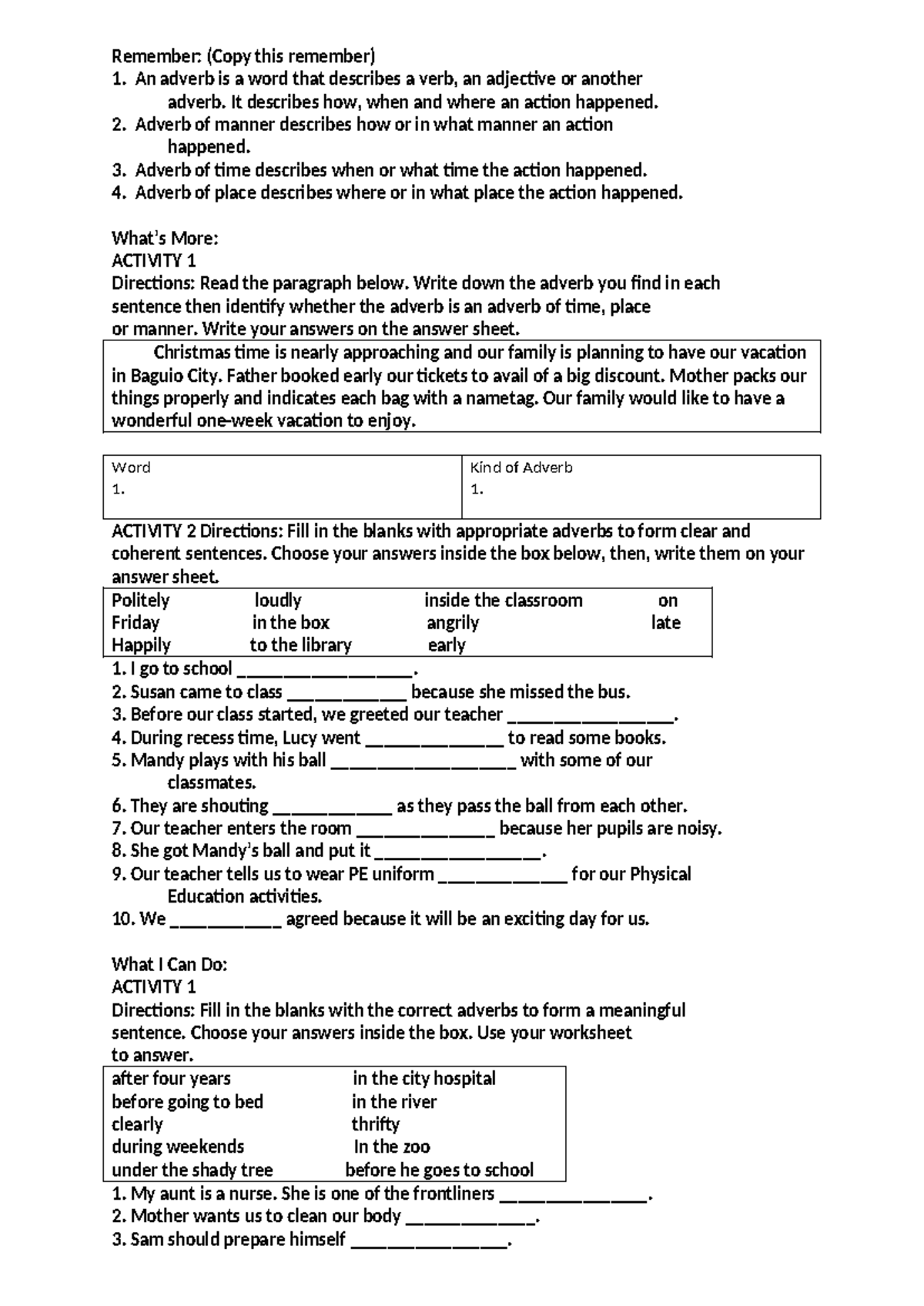 Understanding Adverbs: Types and Activities - English A - F2FWFEF - Studocu