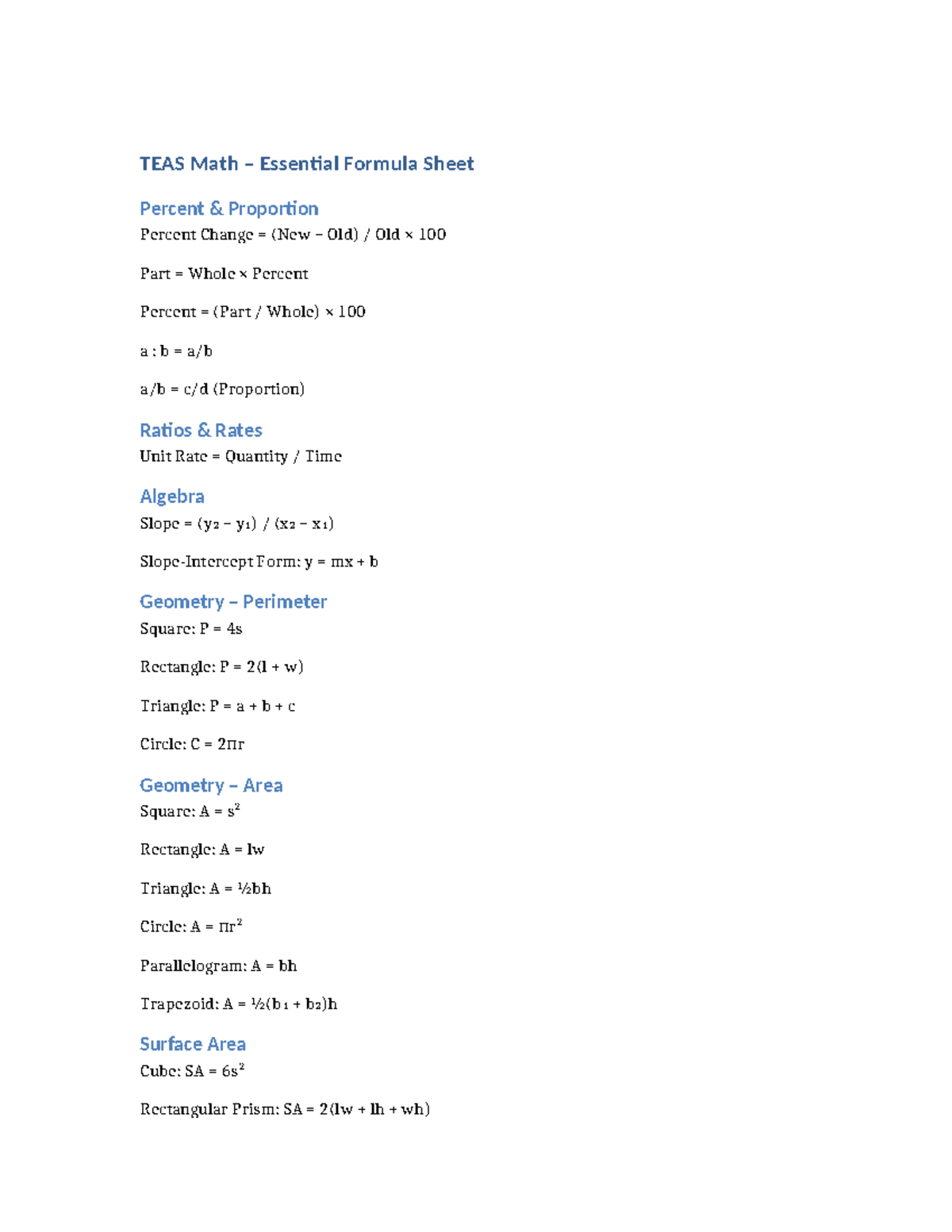TEAS Math Formula Sheet: Essential Formulas & Concepts - Studocu