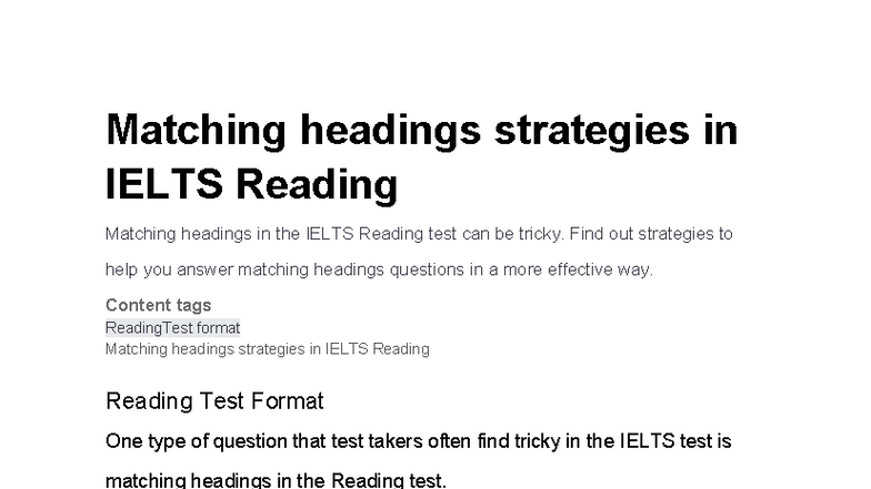 08. Strategies for Matching Headings in IELTS Reading Test - Studocu