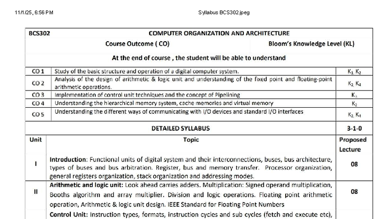BCS302 Computer Organization & Architecture Syllabus Overview - Studocu