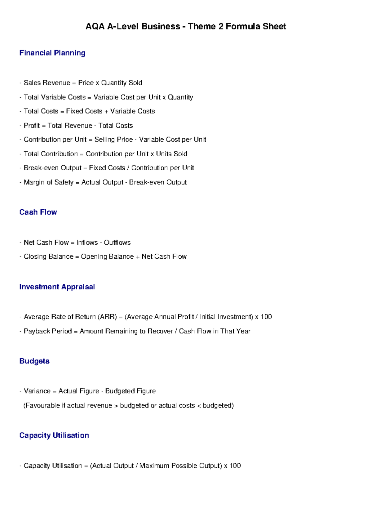 AQA Business Theme 2: Essential Formula Sheet for Financial Planning ...