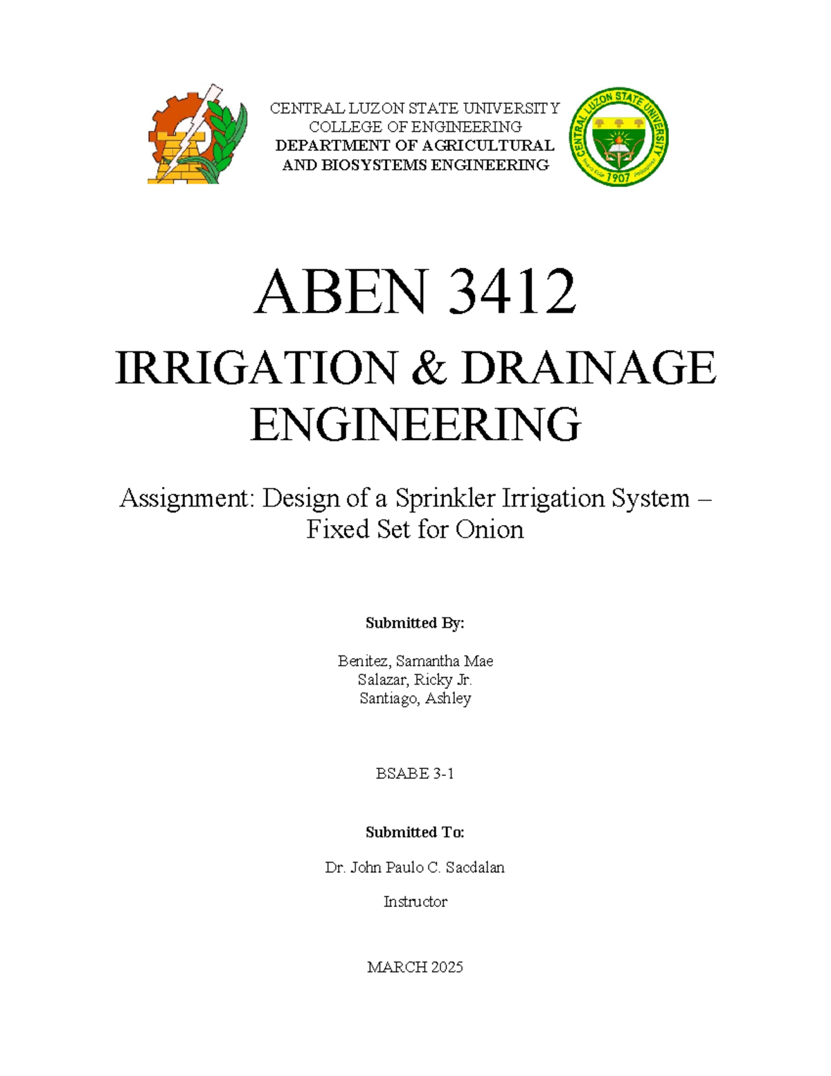 Paper Sprinkler Irrigation System - Santiago, Ashley BSABE 3- Submitted ...