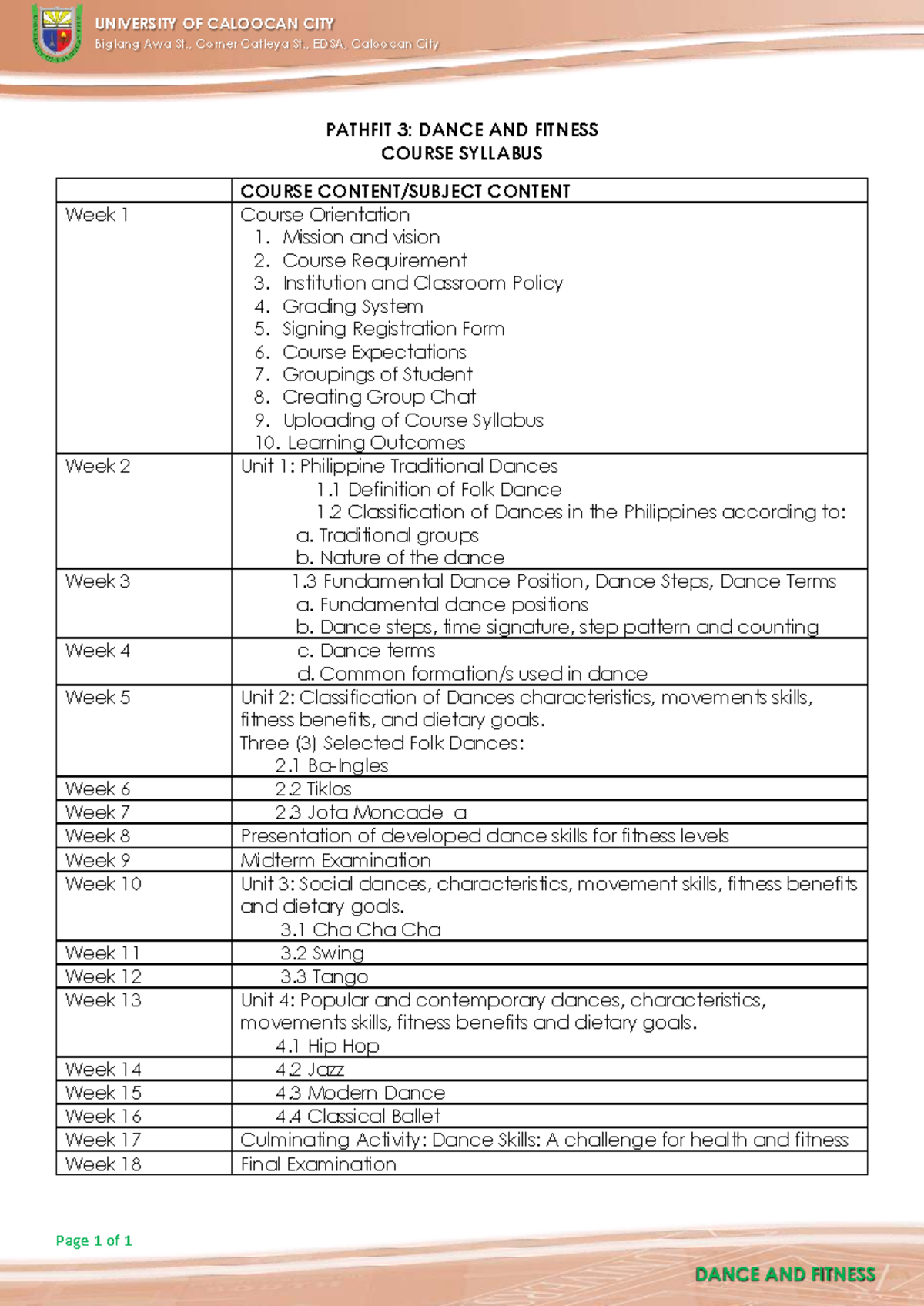 PATHFIT 3: Dance and Fitness Course Syllabus Overview - Studocu