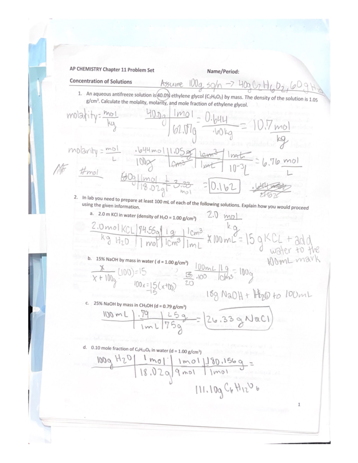 AP Chem 11 Problem Set: Analyzing Solution Concentrations and ...