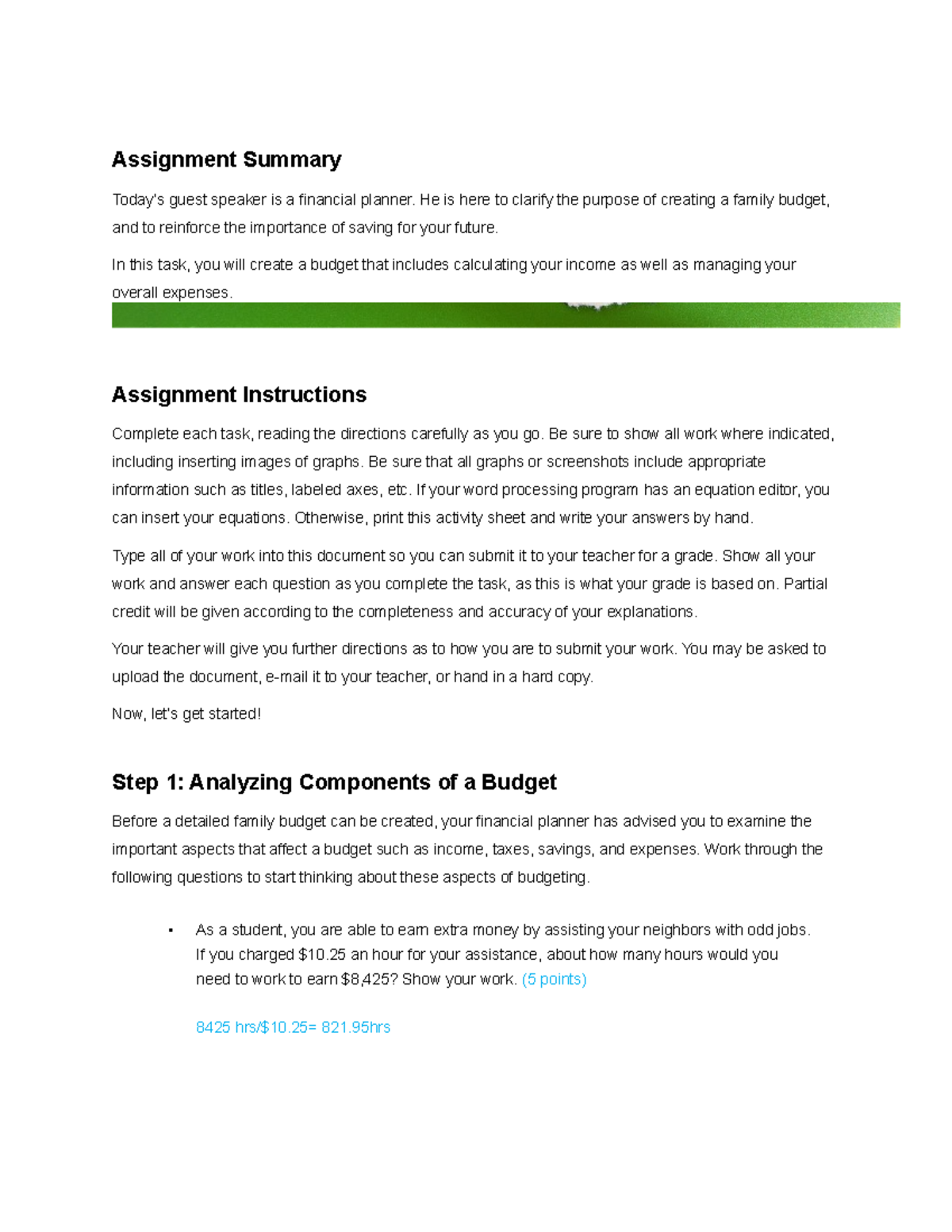 Financial Literacy Assignment: Budget Creation & Analysis Guide - Studocu