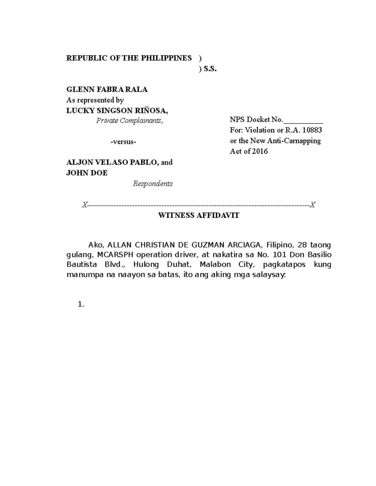 Witness Affidavit - REPUBLIC OF THE PHILIPPINES ) ) S. GLENN FABRA RALA ...