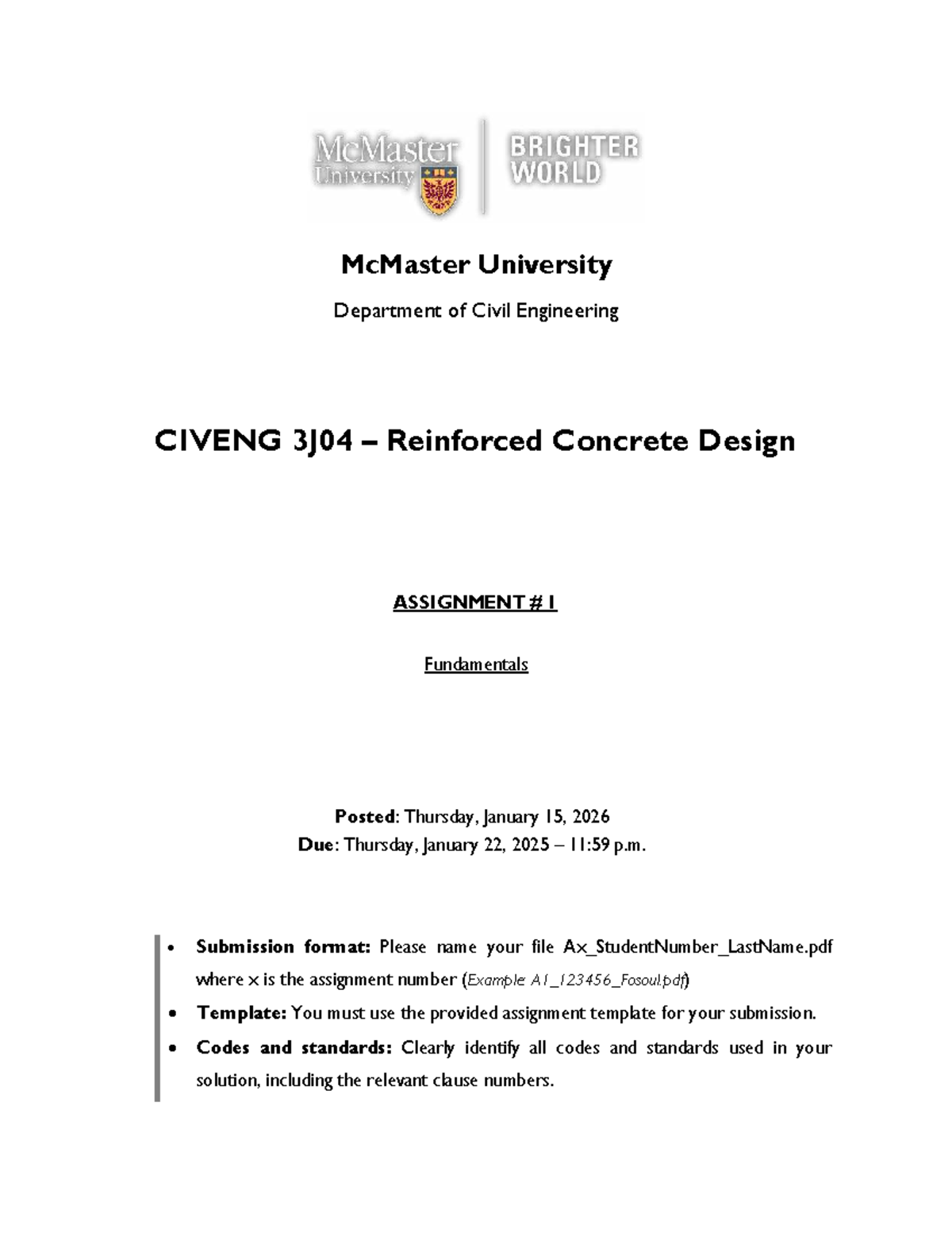 CIVENG 3J04 Reinforced Concrete Design Assignment 1 - Winter 2026 - Studocu