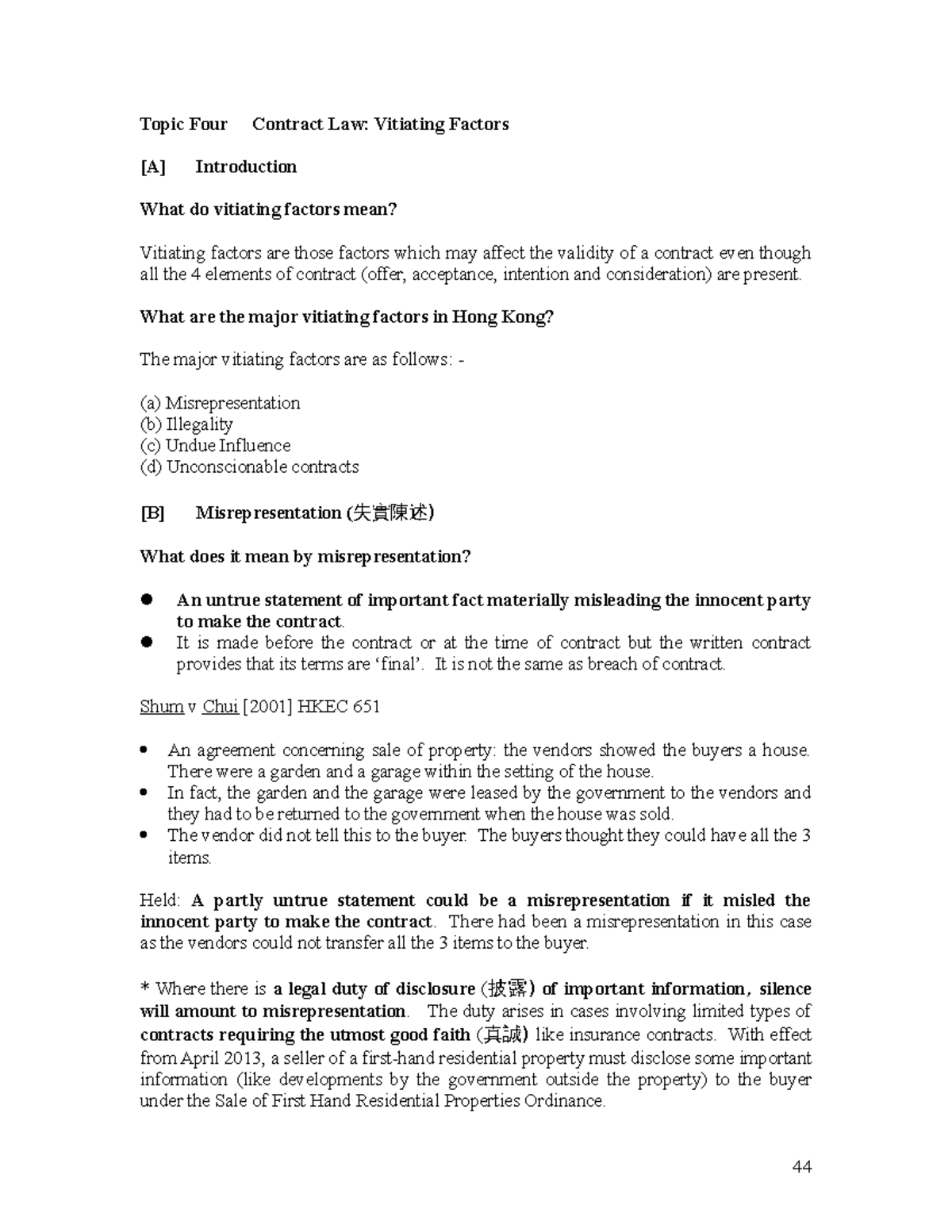 ACCT 3151 Lecture Notes on Contract Law Vitiating Factors - Studocu