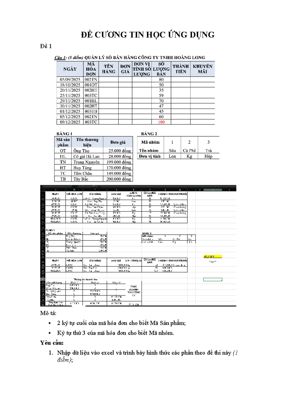 ĐỀ CƯƠNG TIN HỌC ỨNG DỤNG - Đề 1: Hướng Dẫn Nhập Dữ Liệu Excel - Studocu