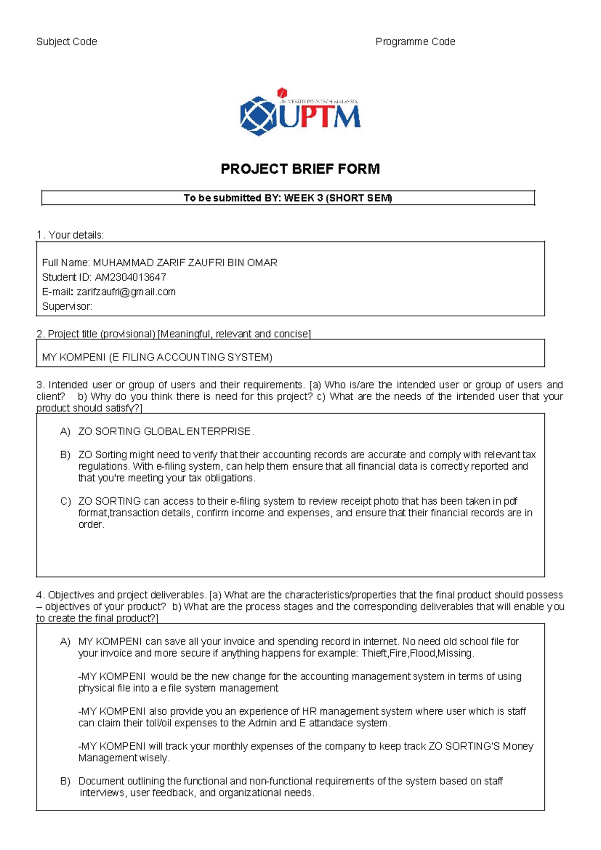 FYP1 - Project Brief: E-Filing Accounting System Proposal for MY ...